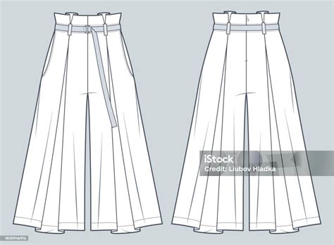 스커트 바지 테크니컬 패션 일러스트레이션입니다 퀼로트 와이드 스커트 바지 패션 플랫 기술 도면 템플릿 주름 백 지퍼 포켓 벨트 전면 및 후면도 화이트 여성 남성 유니섹스