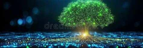 Glowing Digital Tree With Networked Roots Symbolizing Growth And