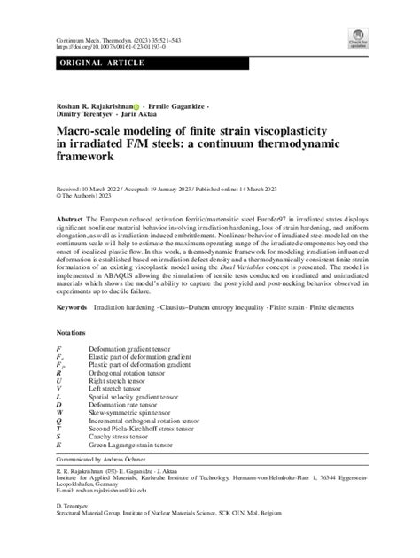 Pdf Macro Scale Modeling Of Finite Strain Viscoplasticity In Irradiated Fm Steels A