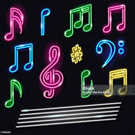 네온 음악 노트 아이콘의 집합입니다 어두운 배경에 고립 디자인 요소입니다 빛나는 밤 간판 개념 10 벡터 Eps 일러스트입니다 음표에 대한 스톡 벡터 아트 및 기타 이미지