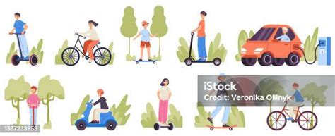 사람들은 스쿠터 자전거 스케이트 보드 오토바이 및 전기 자동차를 타고 호버 보드와 자이로 스쿠터 벡터 일러스트 세트에 인간 생태