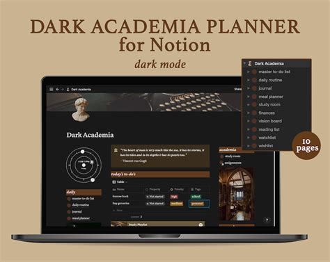dark academia notion planner aesthetic notion template etsy uk