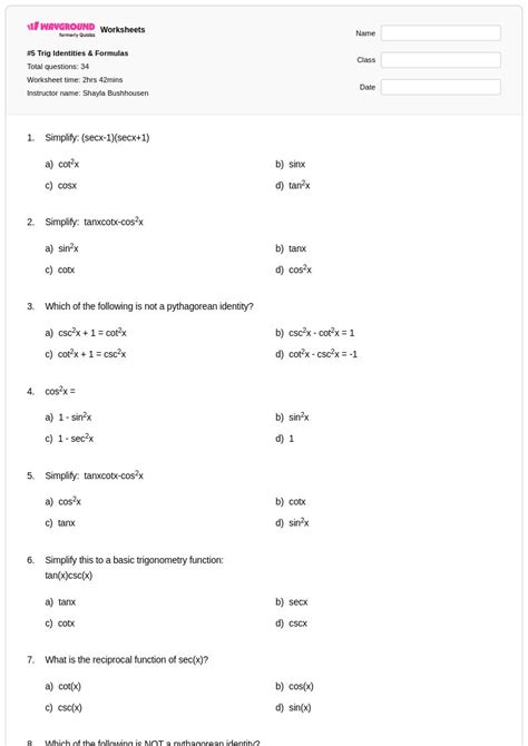 50 Sum And Difference Identities Worksheets For Class 9 On Wayground