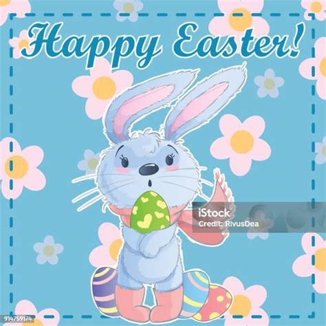 카모마일와 녹색 배경에 귀여운 만화 토끼 부활절을 들고와 인사 엽서 서식 파일 행복 한 부활절 달걀 벡터 일러스트입니다 귀여운에 대한 스톡 벡터 아트 및 기타 이미지