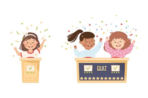 퀴즈 게임을하는 어린이 또는 마인드 스포츠를 눌러 버튼에 서서 질문 벡터 세트에 응답합니다 개체 그룹에 대한 스톡 벡터 아트 및 기타 이미지 Istock