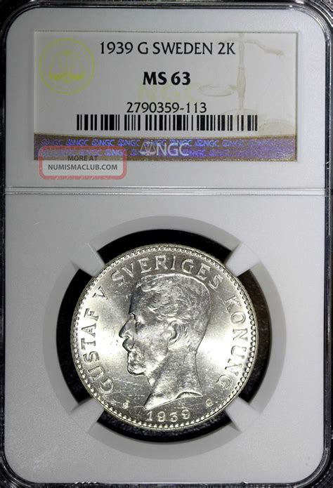 Sweden Gustaf V Silver 1939 G 2 Kronor Ngc Ms63 Km 787 Nr