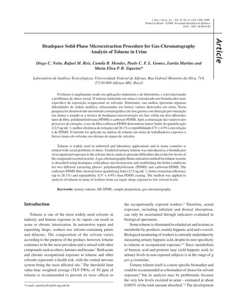 Pdf Headspace Solid Phase Microextraction Procedure For Gas Chromatography Analysis Of Toluene