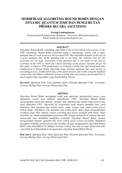 Pdf Modifikasi Algoritma Round Robin Dengan Dynamic Quantum Time Dan