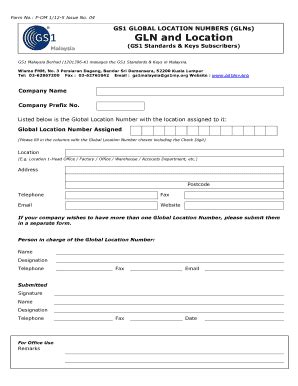 Fillable Online GS GLOBAL LOCATION NUMBERS GLNs GLN And Location Fax Email Print PdfFiller