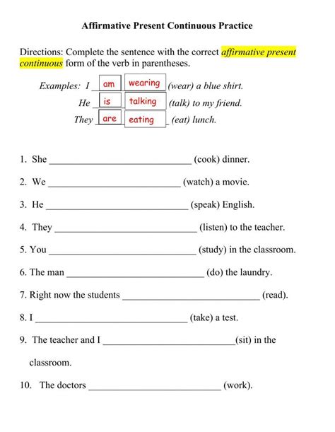 Present Continuous Affirmative Form Esl Worksheet By Present