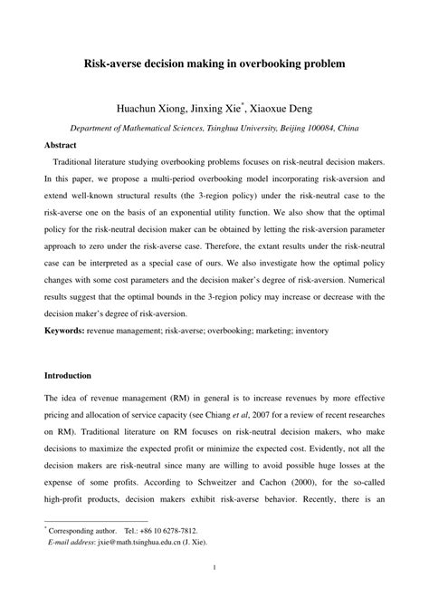 pdf risk averse decision making in overbooking problem