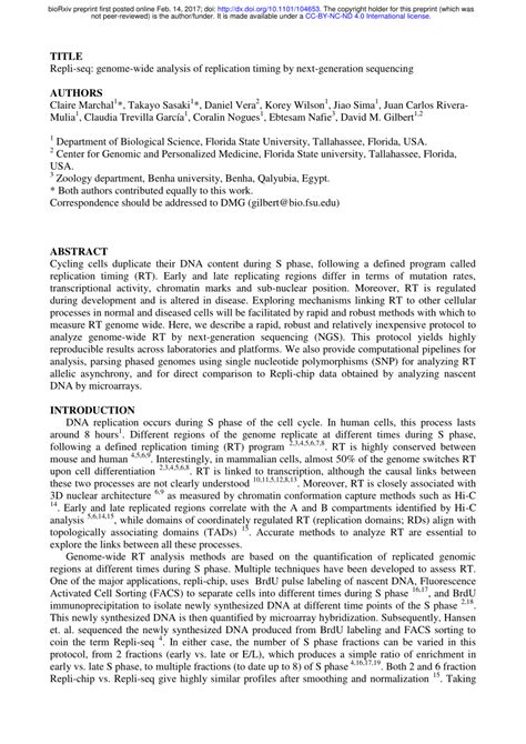 Pdf Repli Seq Genome Wide Analysis Of Replication Timing By Next
