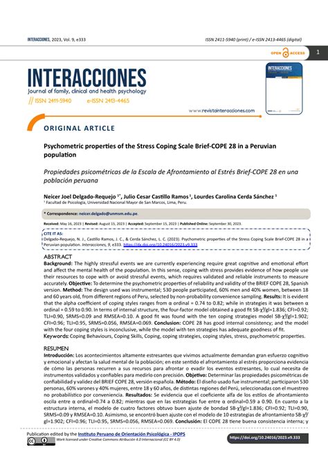 Pdf Psychometric Properties Of The Stress Coping Scale Brief Cope 28 In A Peruvian Population