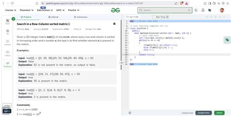 Gfg160 Gfg160 Geeksforgeeks Matrixsearch Dsa Codingchallenge