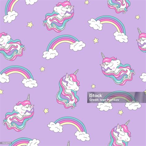 패션 그림은 옷에 대 한 현대적인 스타일을 그리기 유니콘과 무지개 패턴입니다 라일락 배경에 유행 원활한 벡터 패턴입니다 아이 옷 T 셔츠 직물 또는 포장을 위한 그림 0명에