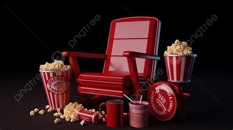 팝콘 클랩보드 및 필름 릴과 함께 빨간색 영화관 의자의 3d 렌더링 복고풍 영화 시네마 배너 영화 영화 배경 일러스트 및