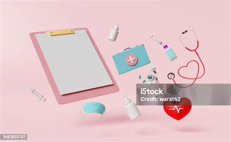 응급 처치 키트 가방 청진기 주사기 빨간 심장 혈압 심박수가 분홍색 배경에 분리된 3d 체크리스트 템플릿입니다 건강 사랑 또는 세계 심장의 날 개념 3d 렌더링
