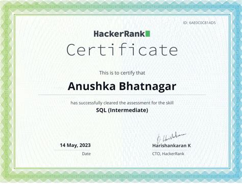 Anushka Bhatnagar On Linkedin Sql Hackerrank Certifications Success