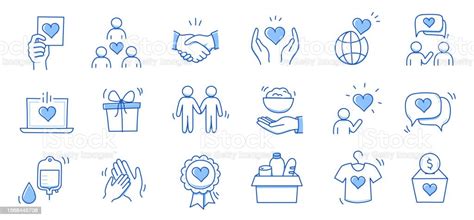 자선 손 돈 헌혈 낙서 라인 아이콘입니다 자선 자원 봉사자 지원 헌혈자 개념 아이콘 세트 자원 봉사 마음 음식 기부 손으로 그린 낙서 스케치 스타일 라인 벡터 음식에 대한