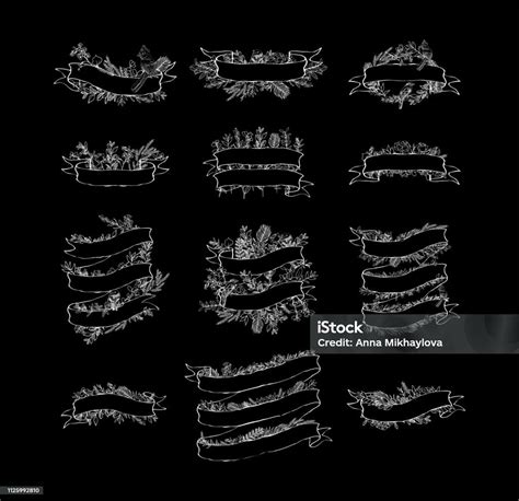 꽃 리본 배너의 집합입니다 손이 그린된 벡터 빈티지 꽃 배너 잉크 그림을 스케치 합니다 배너와 나뭇잎 꽃과 새 들 가문비나무에 대한 스톡 벡터 아트 및 기타 이미지 Istock