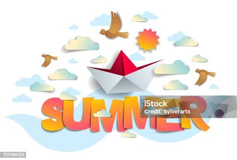 종이 접기 접힌 장난감 배 조류 태양과 구름 벡터 현대적인 스타일의 만화 종이 잘라 3d 그림을 가진 여름 종이 컷 단어 여름