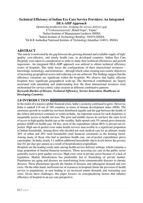 Pdf Technical Efficiency Of Indian Eye Care Service Providers An Integrated Dea Ahp Approach