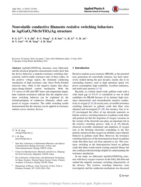 Nonvolatile Conductive Filaments Resistive Switching Behaviors In Ag