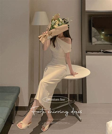 단 4일간 프리오더 포르테 드레이프 셔링 언발 오프숄더 트임 스판 슬림 셀프웨딩 롱 원피스 에이블리