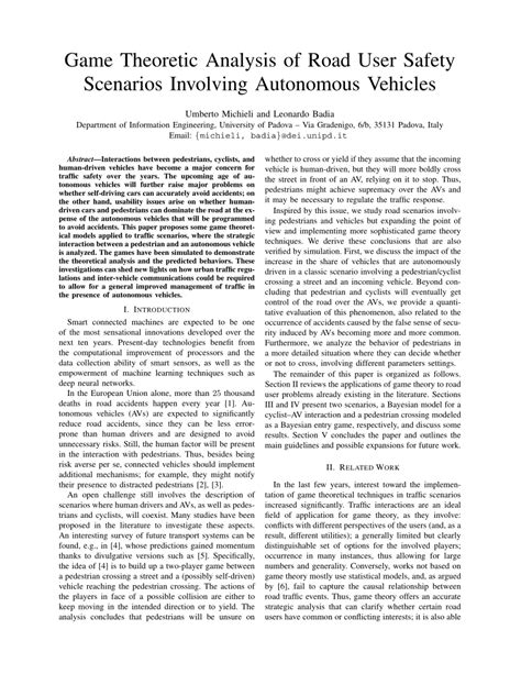 PDF Game Theoretic Analysis Of Road User Safety Scenarios Involving Autonomous Vehicles