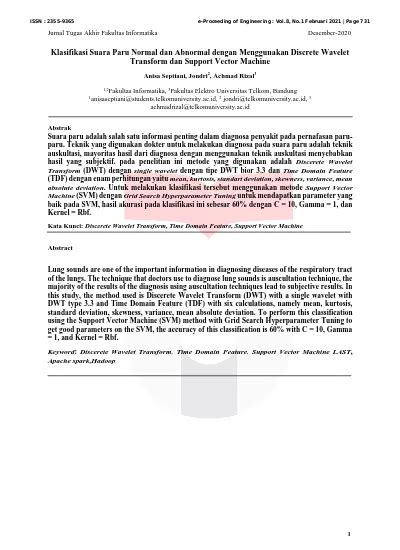 Klasifikasi Suara Paru Normal Dan Abnormal Dengan Menggunakan Discrete Wavelet Transform Dan