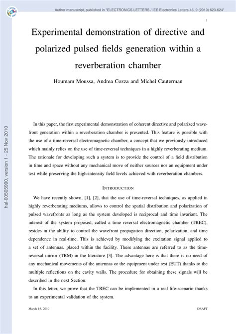Pdf Experimental Demonstration Of Directive Pulsed Wavefront Generation In Reverberation Chamber