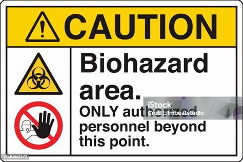 Ansi Z535 안전 표지 표시 라벨 기호 픽토그램 표준 주의 생물학적 위험 영역 이 지점을 초과하는 승인된 직원만 텍스트 가로 흰색 두 기호 경계 표지에 대한 스톡 벡터