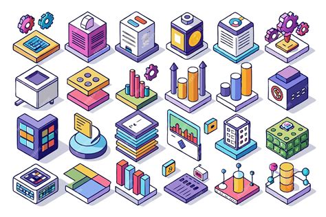 Collection Of Isometric Icons Depicting Various Aspects Of Data