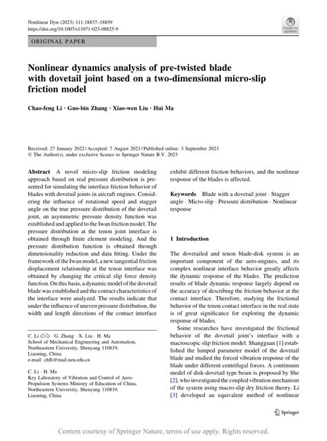 Nonlinear Dynamics Analysis Of Pre Twisted Blade With Dovetail Joint Based On A Two Dimensional