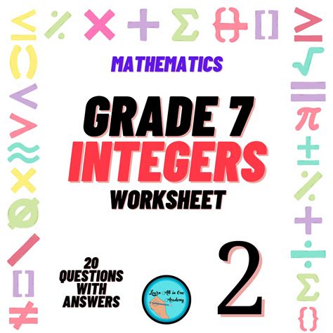 Grade 7 Mathematics Integers Worksheet 2 With 20 Questions And
