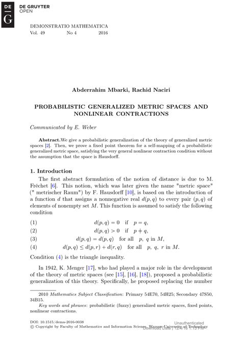 Pdf Probabilistic Generalized Metric Spaces And Nonlinear Contractions