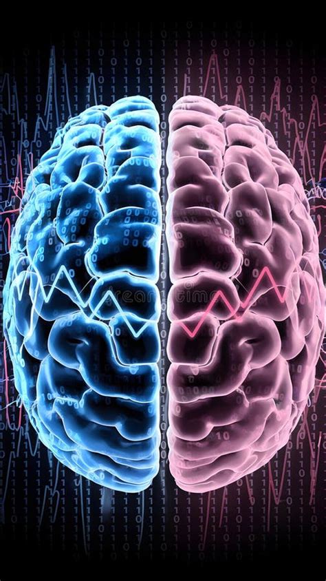 brain overlaid with binary code and electric zigzags in hues stock illustration illustration