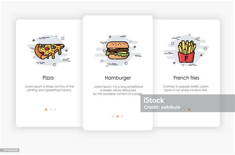 패스트 푸드 개념에서 온 보 딩 화면 디자인입니다 현대적이 고 간단한 벡터 일러스트 레이 션 모바일 애플 리 케이 션에 대 한 서식 파일 미니 버거에 대한 스톡 벡터 아트