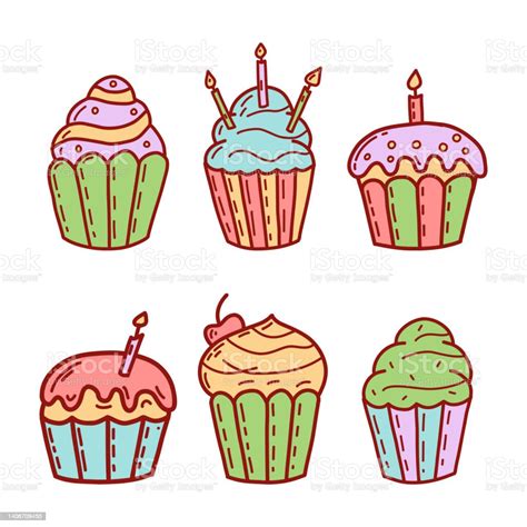 귀여운 컵케이크와 머핀 세트 플랫 벡터 일러스트 레이 션 개체 그룹에 대한 스톡 벡터 아트 및 기타 이미지 개체 그룹 과일 귀여운 Istock