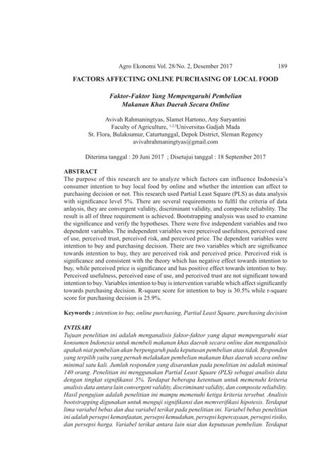 Pdf Factors Affecting Indonesias Consumer Purchasing Intention And Decision Local Food By Online