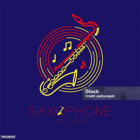색소폰 음악 선 직원 원 모양 로고 아이콘 개요 스트로크 설정된 대시 라인 디자인 일러스트 색소폰 텍스트와 복사 공간와 어두운 파란색 배경에 고립 주의 0명에 대한 스톡