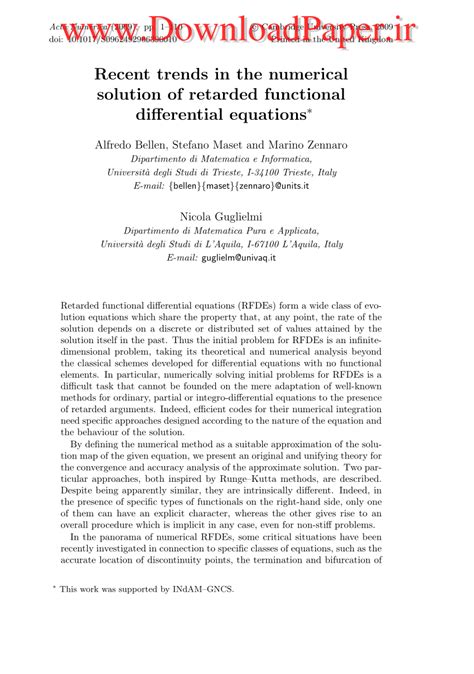 Pdf Recent Trends In The Numerical Solution Of Retarded Functional