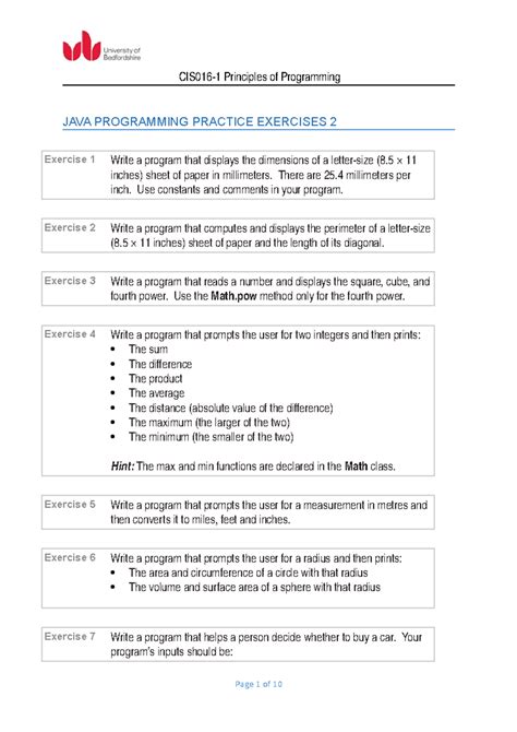 Cis016 1 Java Programming Practice Exercises 2 Java Programming Practice Exercises 2 Exercise