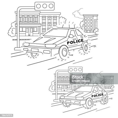 아이들을위한 교육 퍼즐 게임 숫자 게임 경찰 차 자동차와 만화 경찰관의 색칠 페이지 개요 어린이를위한 색칠 공부 책 경찰관에 대한 스톡 벡터 아트 및 기타 이미지 Istock
