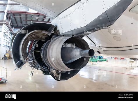 Rear View Of The Open High Bypass Turbofan Aircraft Engine Of A