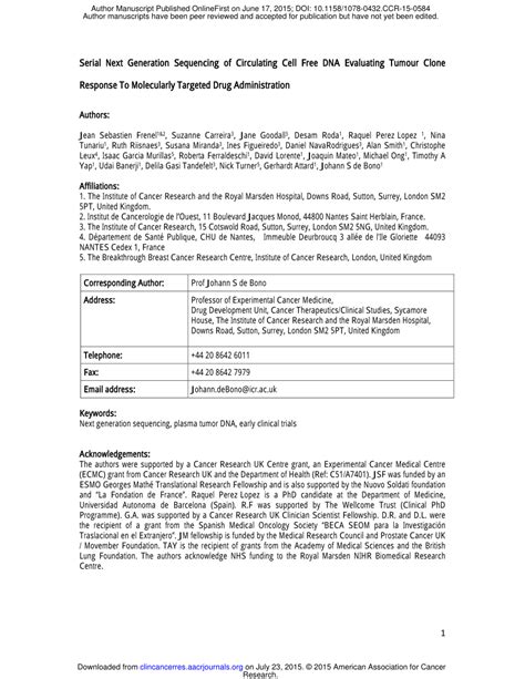 Pdf Serial Next Generation Sequencing Of Circulating Cell Free Dna Evaluating Tumor Clone