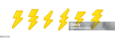 Set Pixel Lightning Bolt 8 Bit Pixel Art Thunderbolt Lightning Strike Vector Illustration Stock