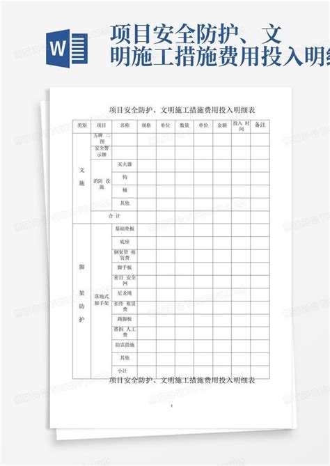 项目安全防护、文明施工措施费用投入明细表word模板下载编号lbjraovn熊猫办公