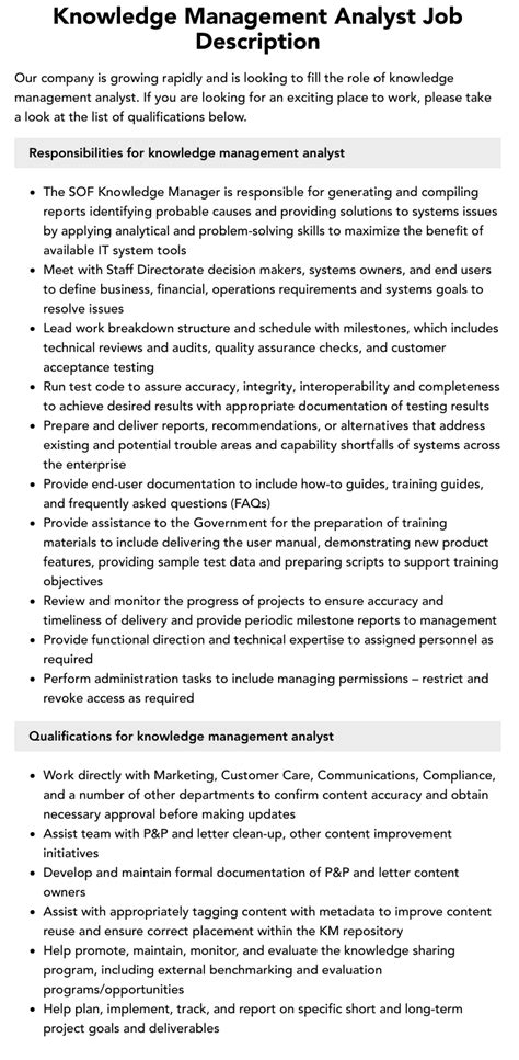 Knowledge Management Analyst Job Description Velvet Jobs