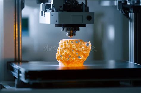 A Modern 3d Printer In Action Creating A Bright Orange Object With